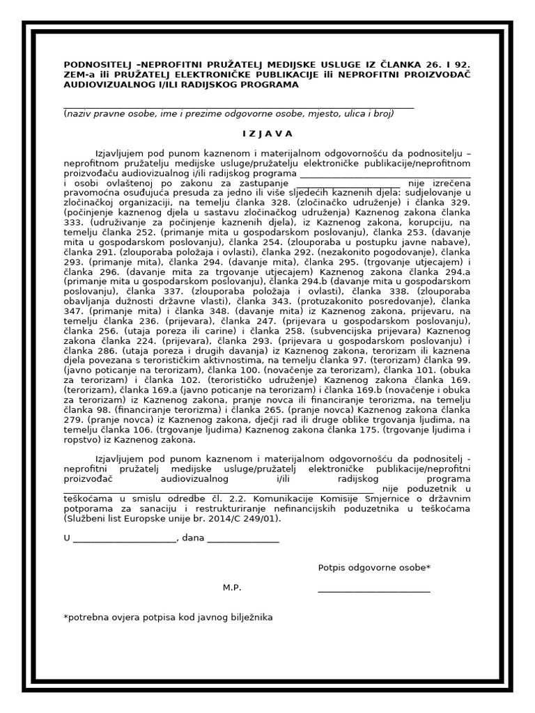 Izjava Neprofitni Pruzatelji I Neprofitni Proizvodaci 2024 | PDF