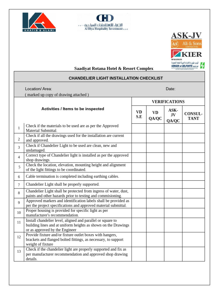 Check List - Installation of Chandelier Light | PDF
