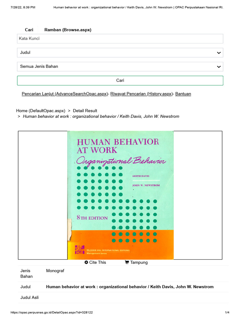 Human Behavior at Work - Organizational Behavior - Keith Davis, John W. Newstrom - OPAC ...