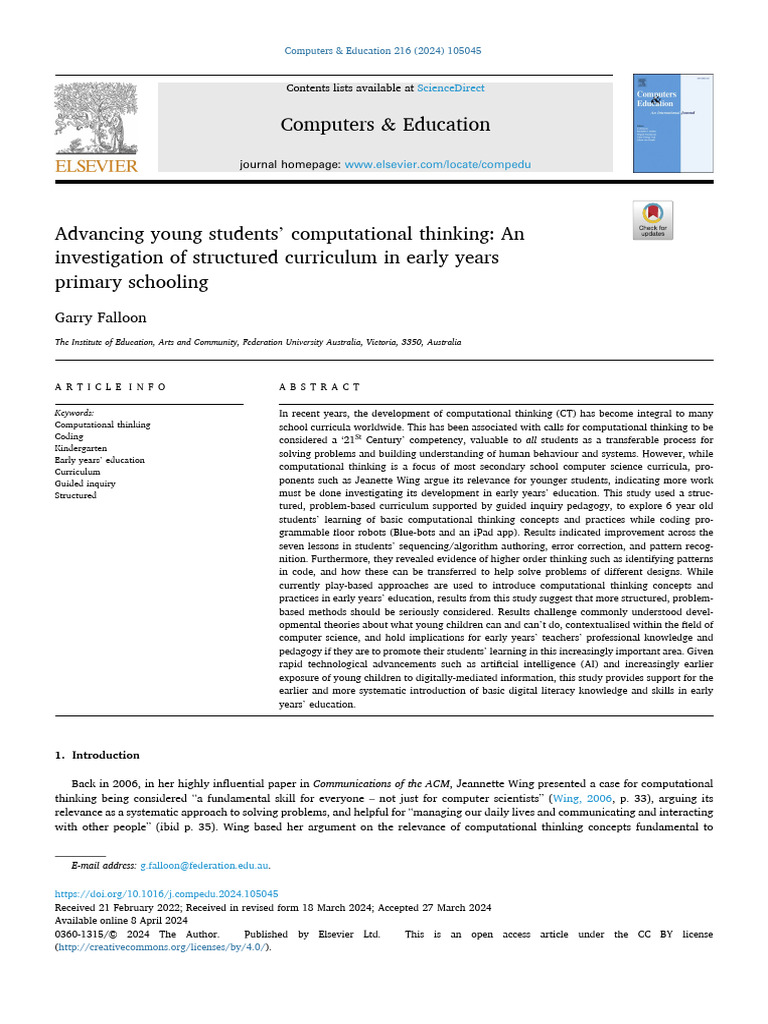 Advancing Young Students' Computational Thinking | PDF | Algorithms | Curriculum