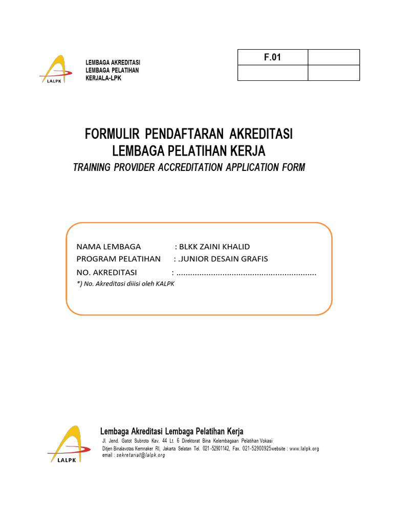 F.01 - Formulir Pendaftaran Akreditasi LPK Zaini Khalid | PDF