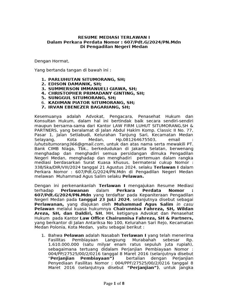 Resume Mediasi Perkara 607/Pdt.G/2024 | PDF