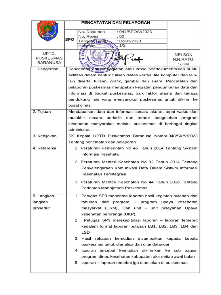 SOP Pencatatan Dan Pelaporan | PDF
