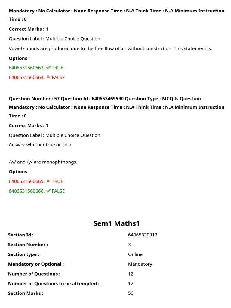 Sem1 Maths1 | PDF | Multiple Choice | Mathematics