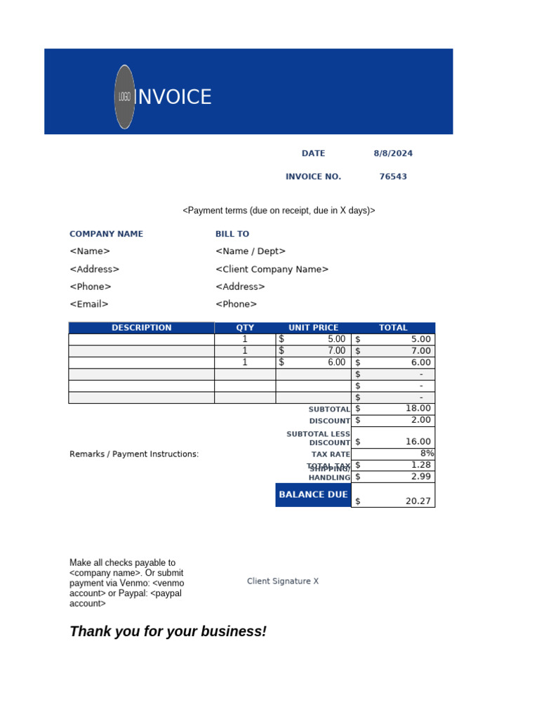 Classic Invoice Template 1-Excel | PDF
