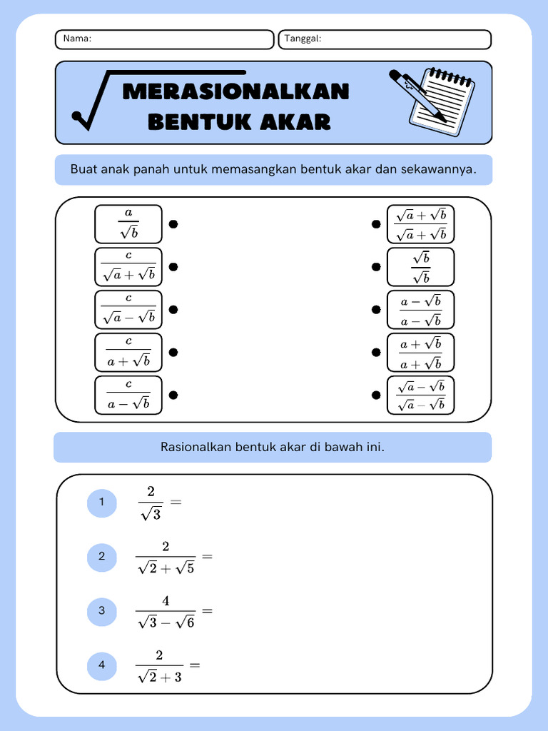 Merasionalkan Bentuk Akar Lembar Kerja Biru Sederhana-1 | PDF