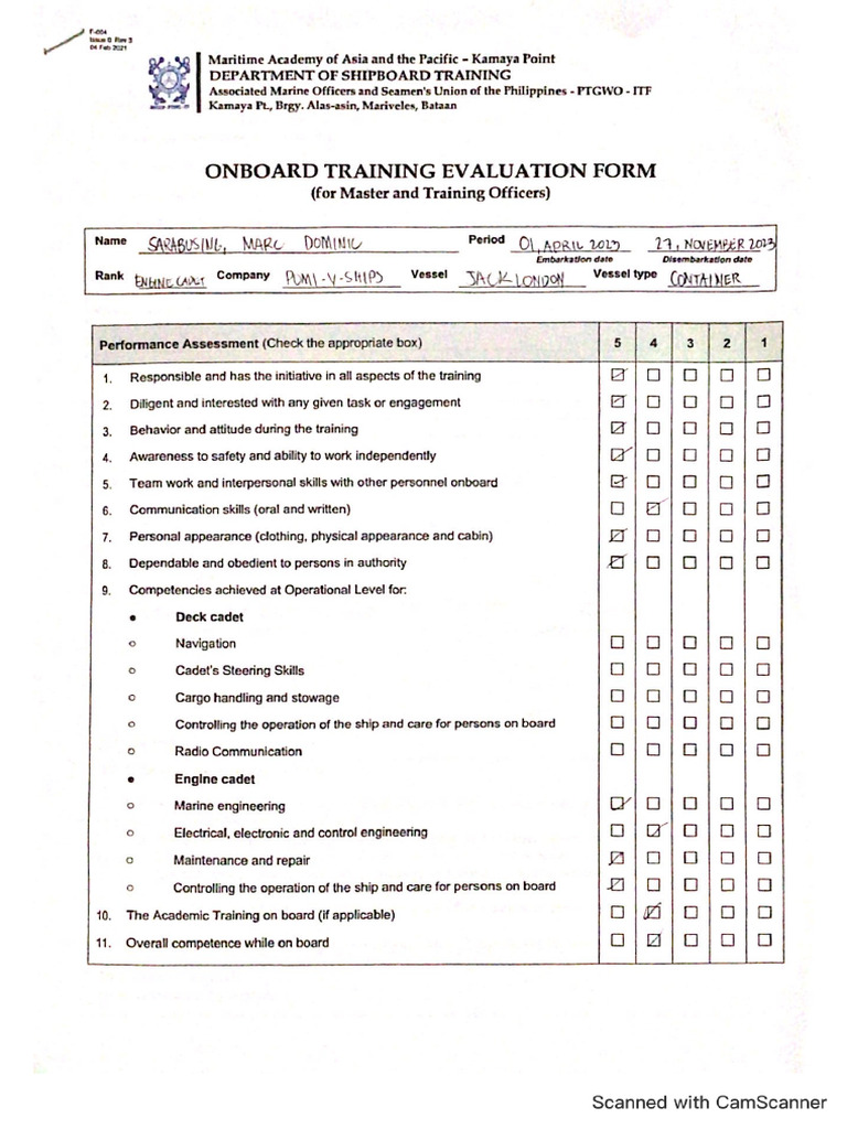 Onboard Training Evaluation Form For Master | PDF