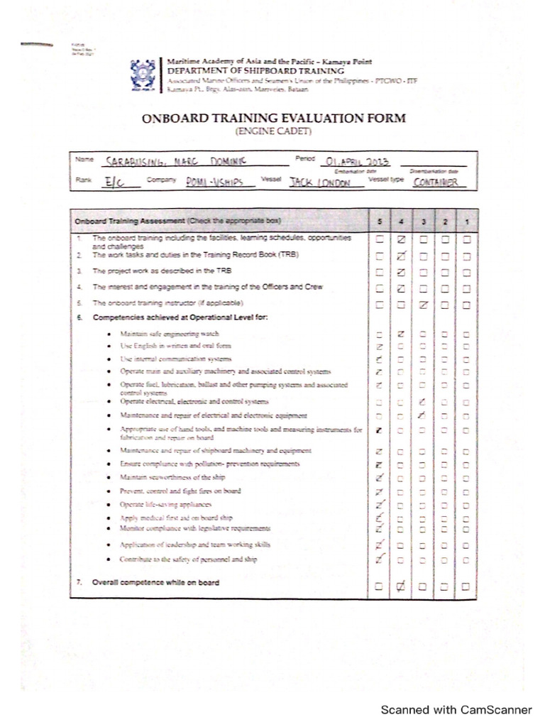 Onboard Training Evaluation Form Engine Cadet | PDF