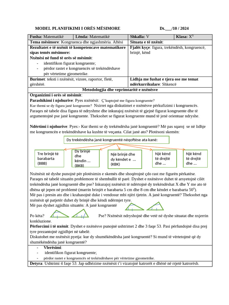 MODEL PLANIFIKIMI I ORËS MËSIMORE Klasa 10 Kapitulli 3 | PDF