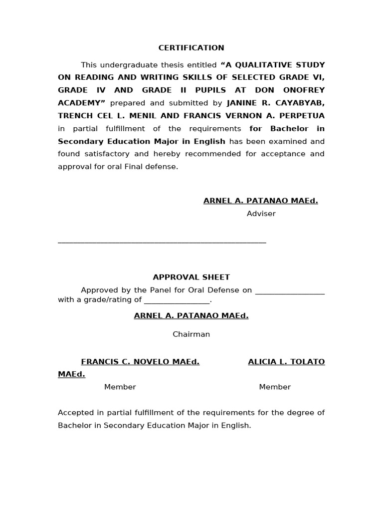 Certification and Approval Sheet | PDF | Thesis | Doctor Of Philosophy