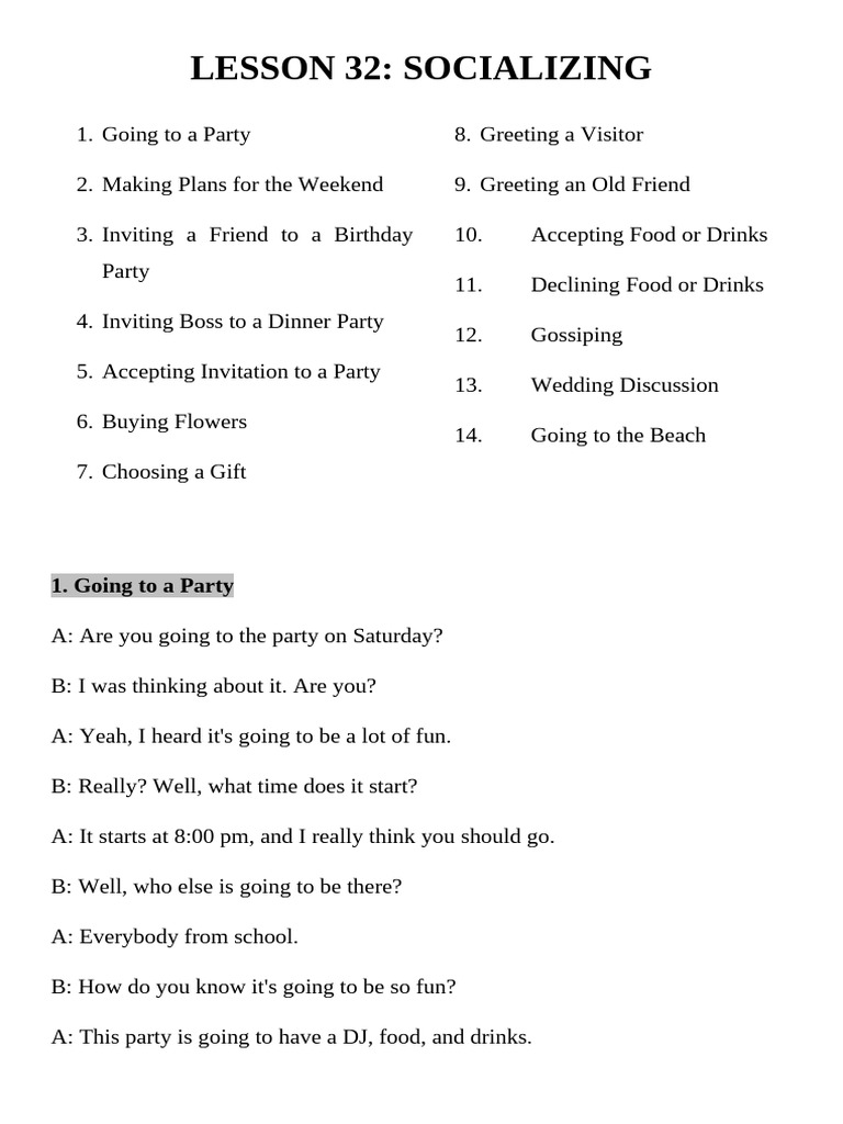 Lesson 32 Socializing | PDF | Lunch
