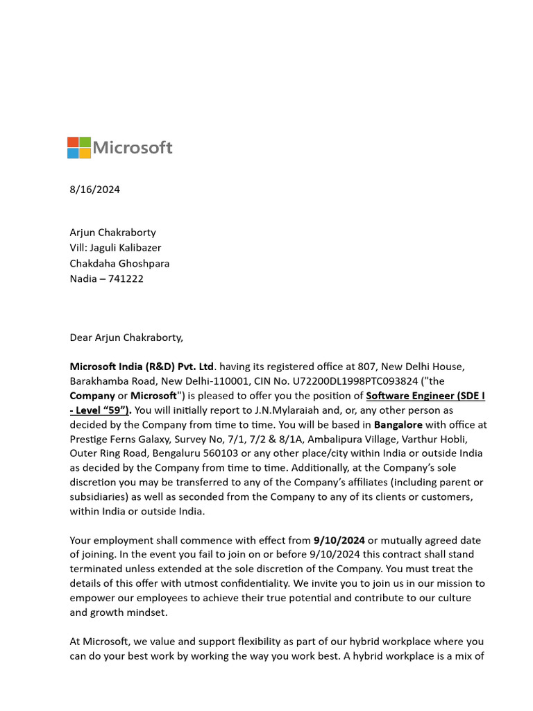 Arjun Chakraborty Offer Cum Joining Letter-Microsoft | PDF | Trade ...