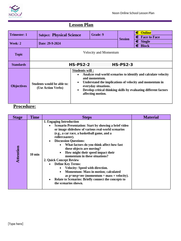 G9 W2 L2 Velocity P2 Lesson Plan | PDF | Momentum | Velocity