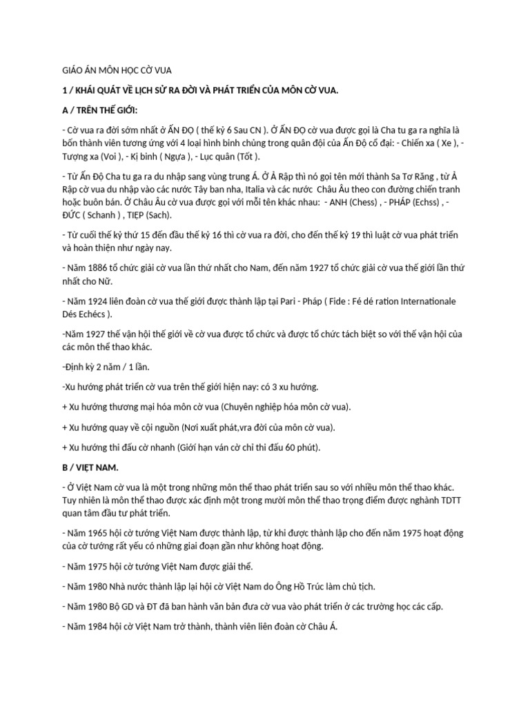 GIÁO ÁN MÔN HỌC CỜ VUA | PDF