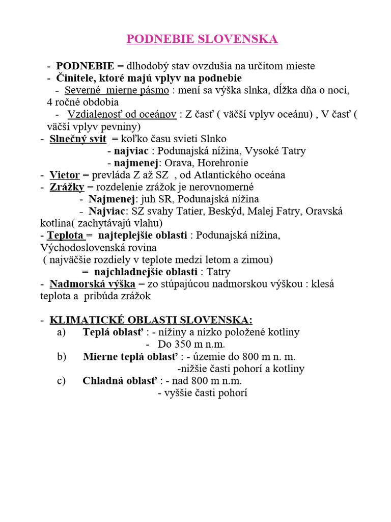 PODNEBIE SLOVENSKA Poznámky | PDF