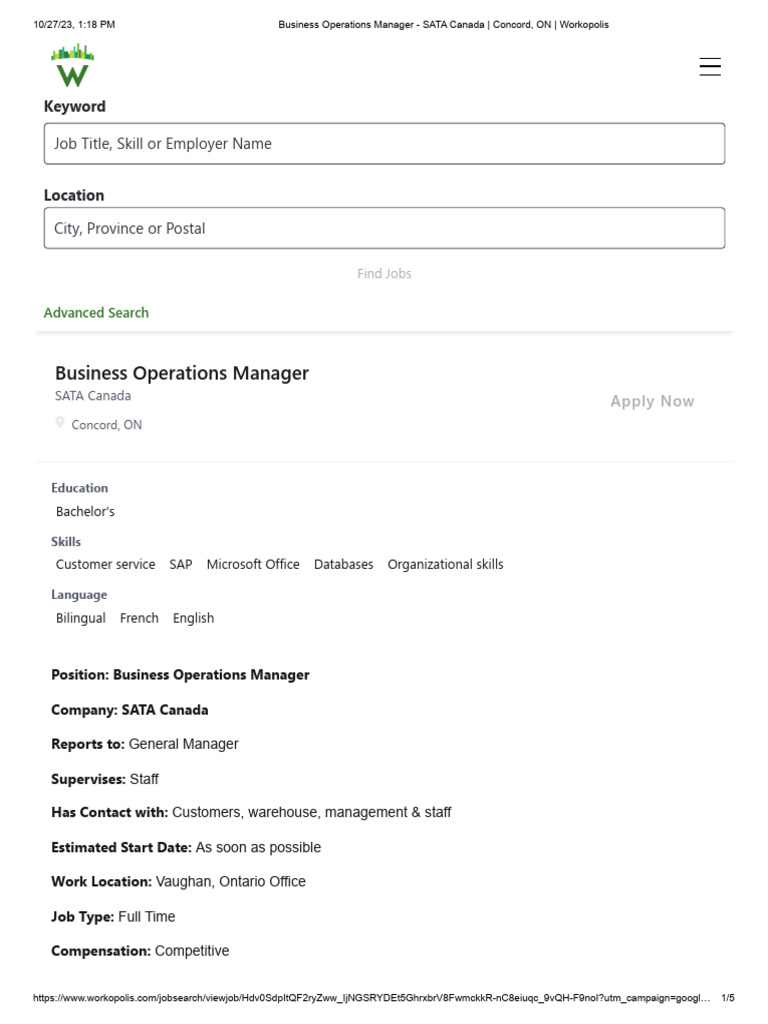 Business Operations Manager - SATA Canada - Concord, ON - Workopolis ...