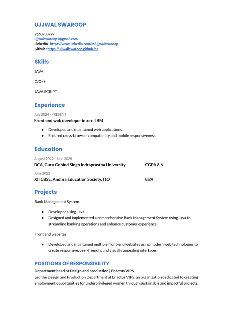 Ujjwal Swaroop: Front End Web Developer Intern, IBM | PDF