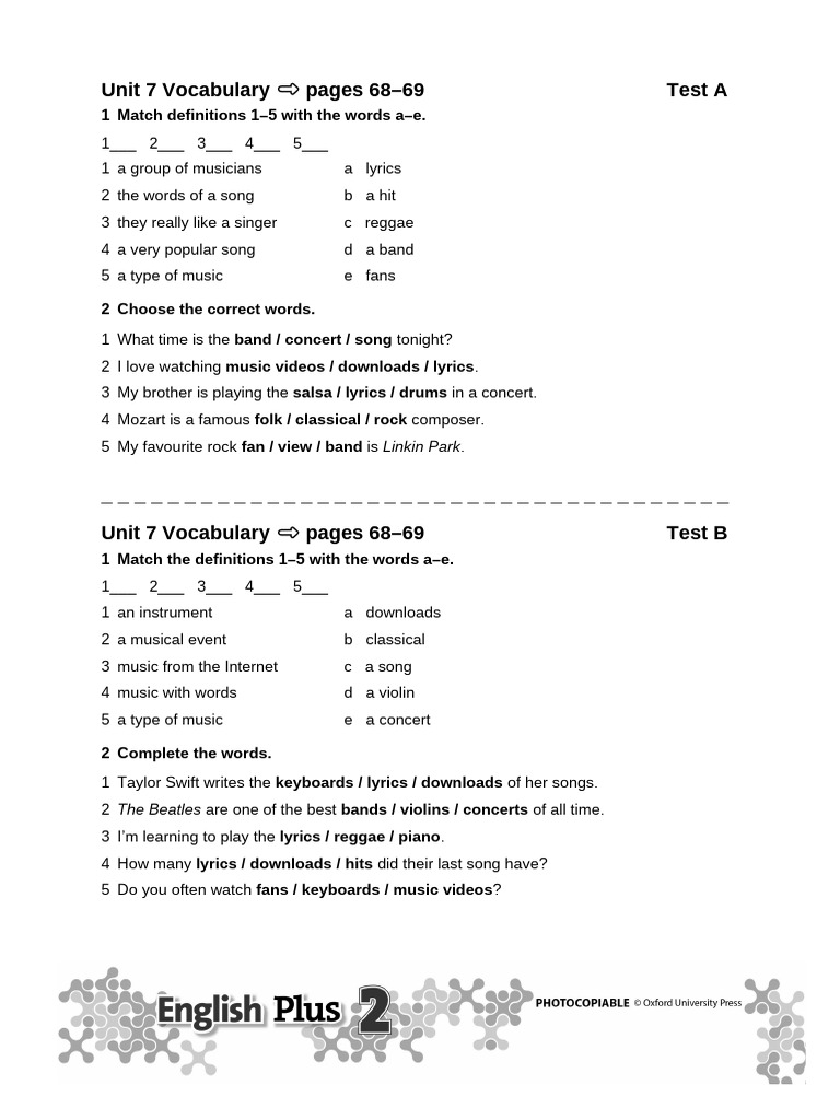 Five Minute Tests Unit 7 | PDF | Songs | Verb