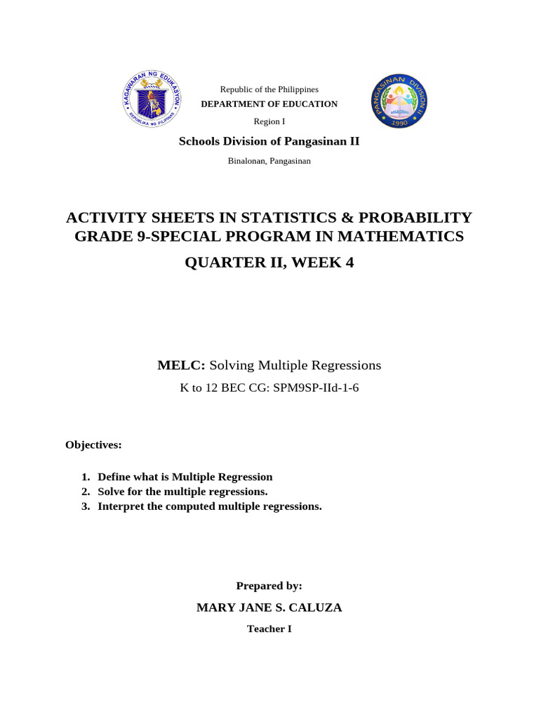 Quarter 2 Week 4 Statistics and Probability | PDF | Regression Analysis ...