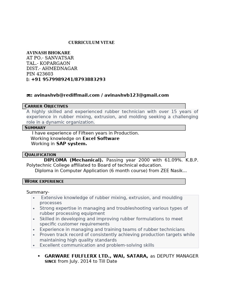 Rubber Technician CV - Avinash Bhokare | PDF | Business Process ...