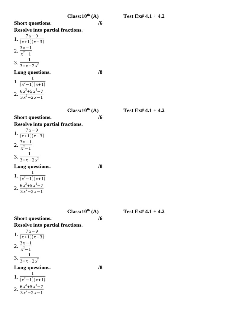 Partial Fractions Test for 10th Grade | PDF | Teaching Methods & Materials