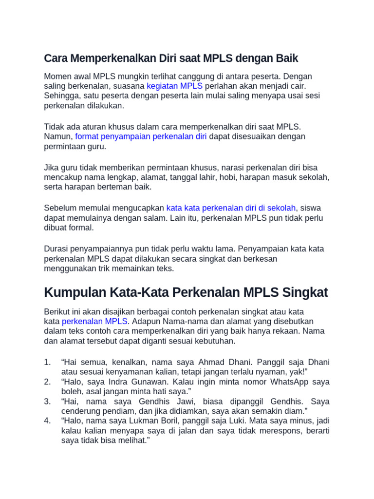 Contoh Cara Memperkenalkan Diri Saat MPLS Dengan Baik | PDF