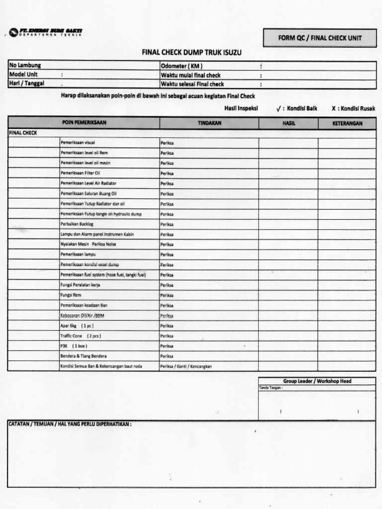 Form Final Cek Isuzu | PDF