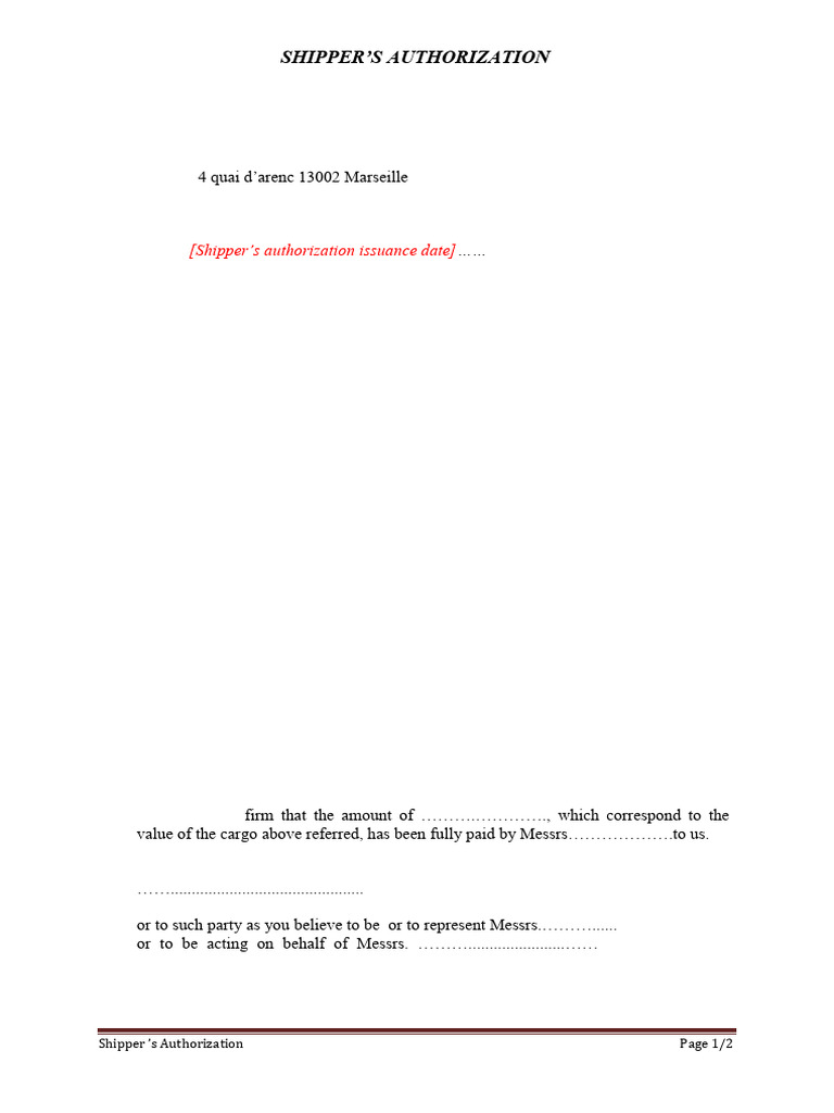 Shipper Authorization For BG Direct Delivery - 09082017 | PDF | Bill Of ...