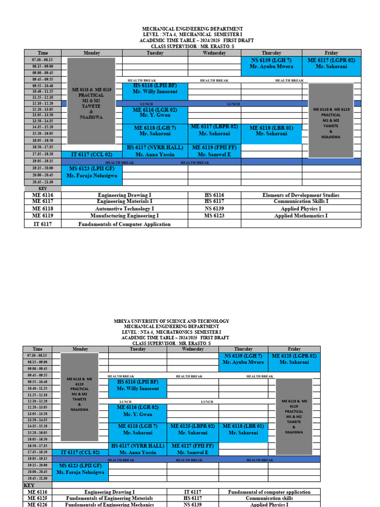 Mechanical Engineering Timetable 2024/25 | PDF | Academic Discipline ...