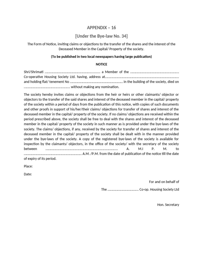 Appendix-16-Bye-Lawsno.34 Notice Form | PDF