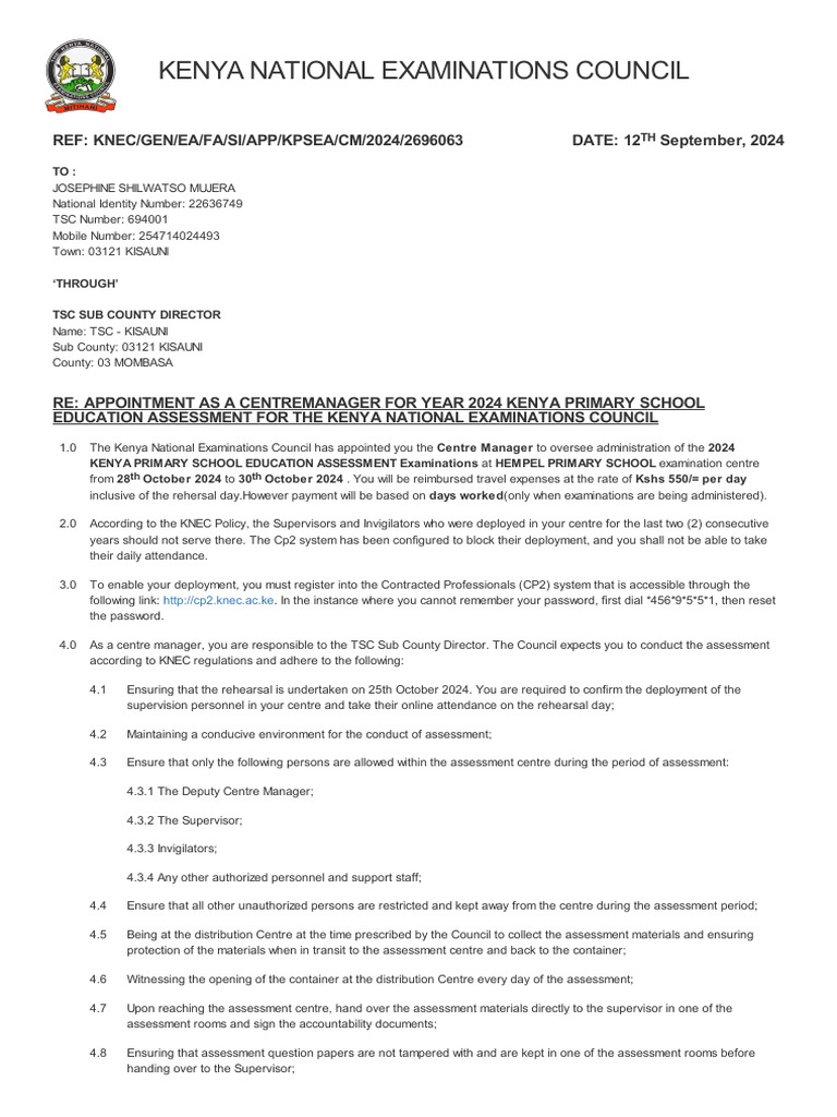 Kenya National Examinations Council: DATE: 12 September, 2024 REF: KNEC ...