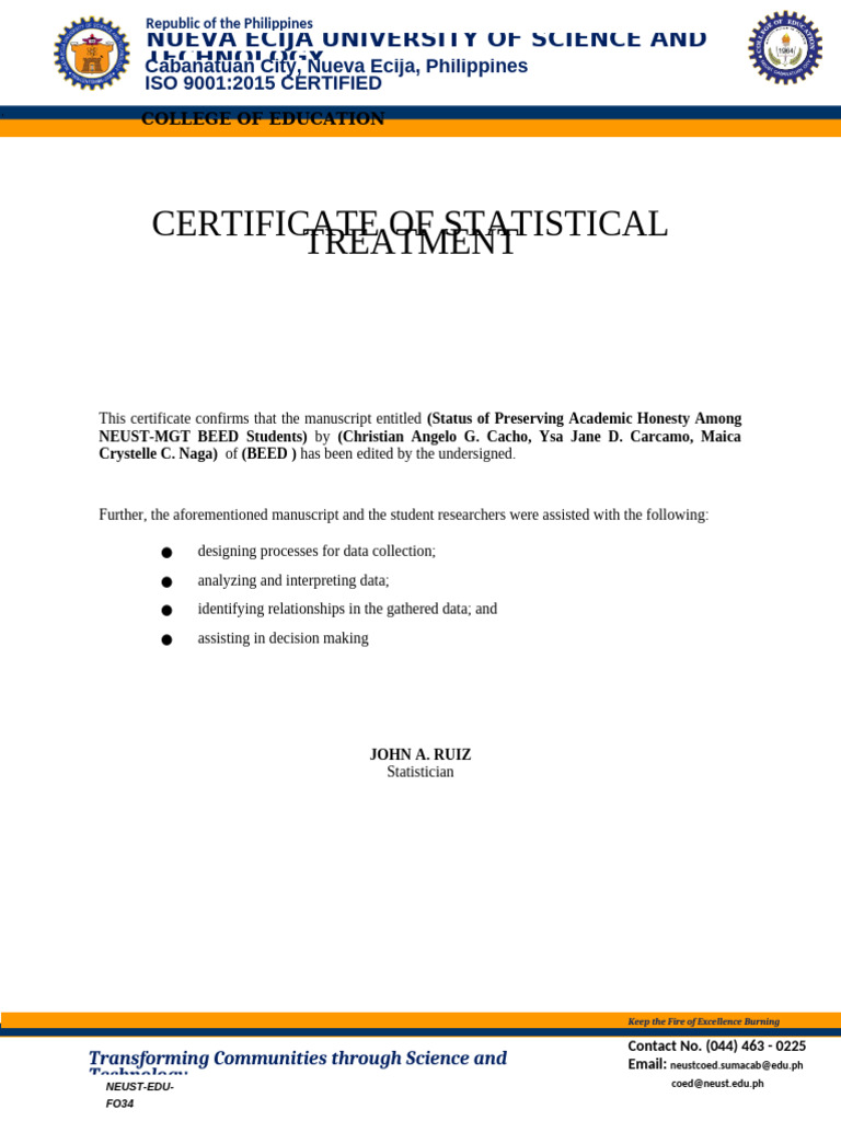 Cert of Stat Treatment | PDF | Computers