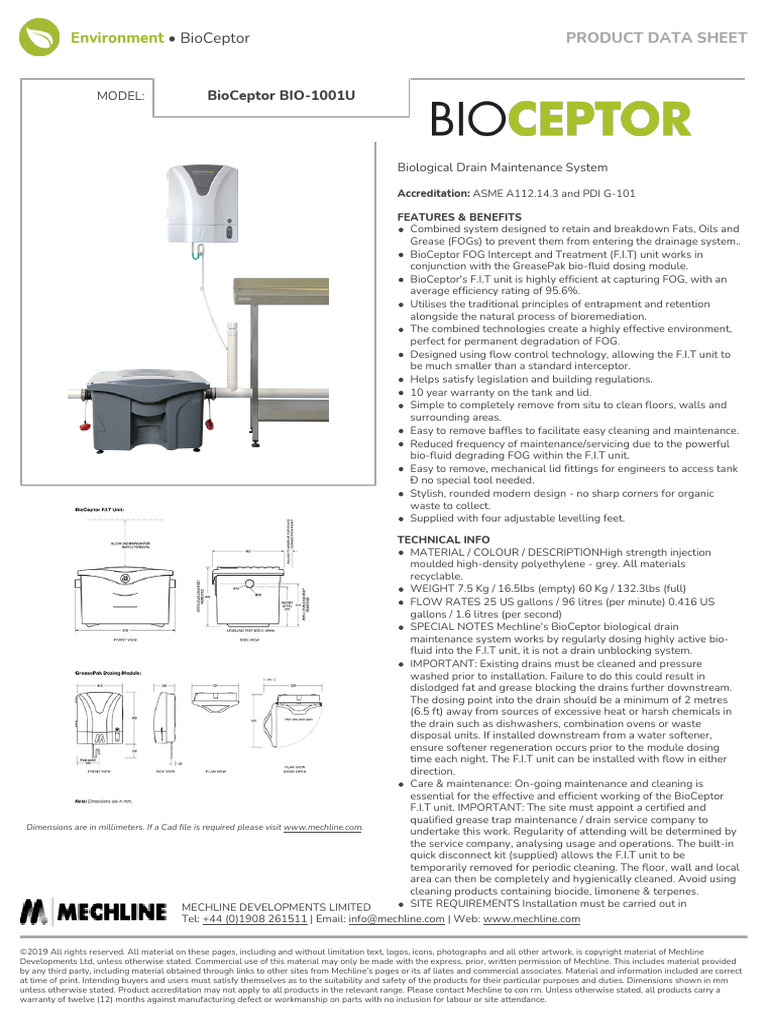 Bioceptor Bio 1001u Datasheet | PDF | Sanitary Sewer