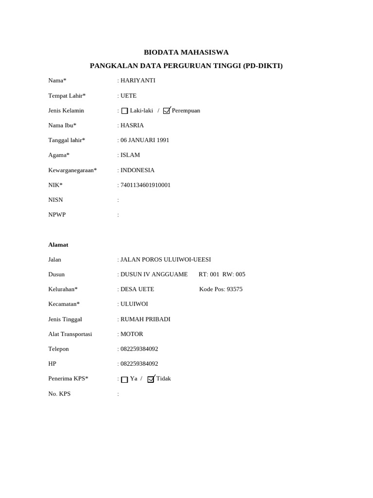 Format Biodata Mahasiswa Pddikti Pdf