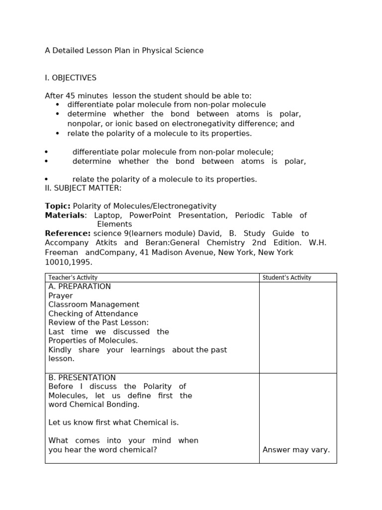 A Detailed Lesson Plan in Chmical Bonding | PDF | Chemical Polarity ...