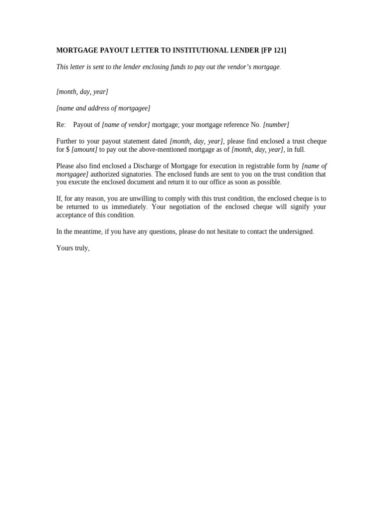Mortgage Payout Letter To Institutional Lender | PDF