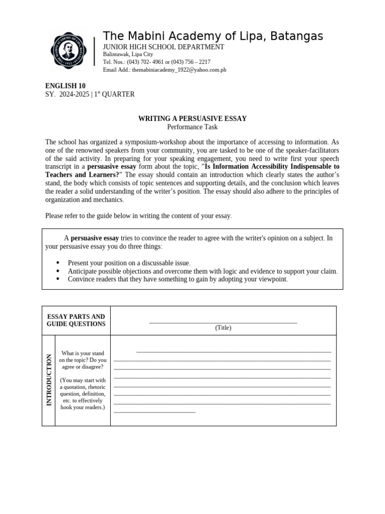 ENGLISH - Writing - A-Persuasive Essay - Guidelines and Rubric | PDF ...