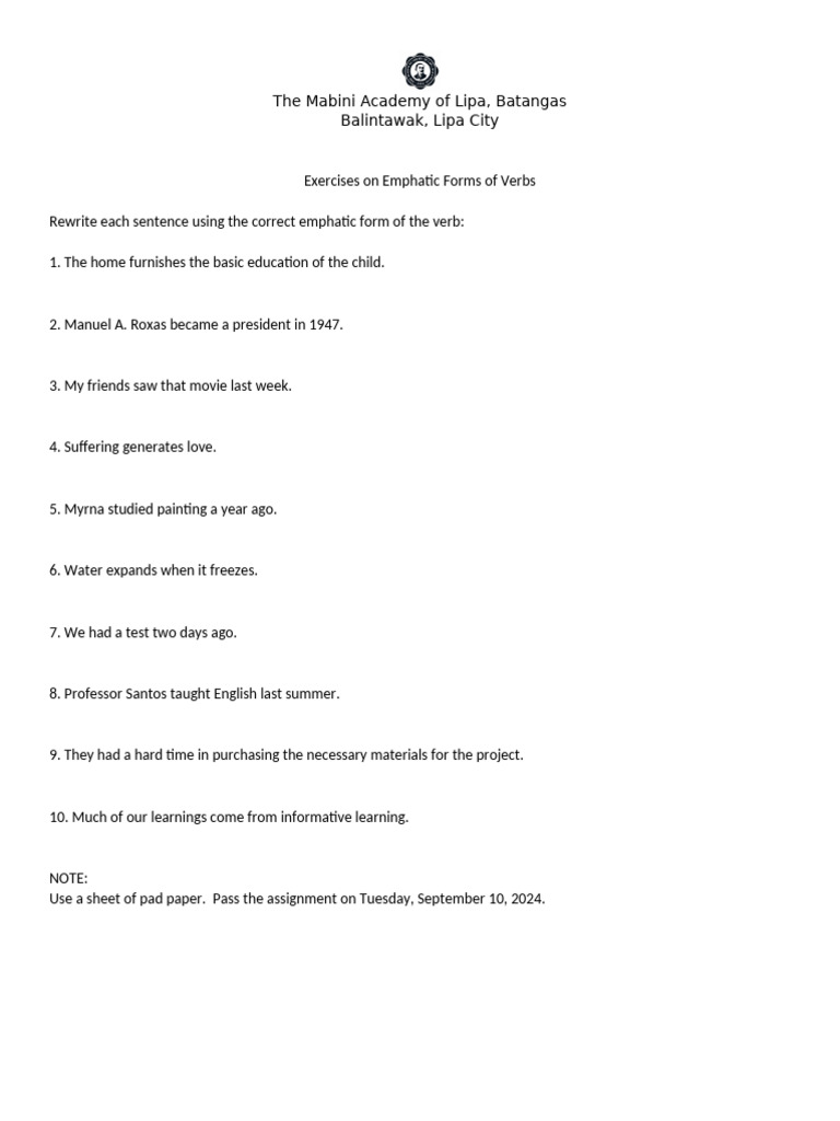 Exercies On Emphatic Form of Verbs | PDF | Language Arts & Discipline ...