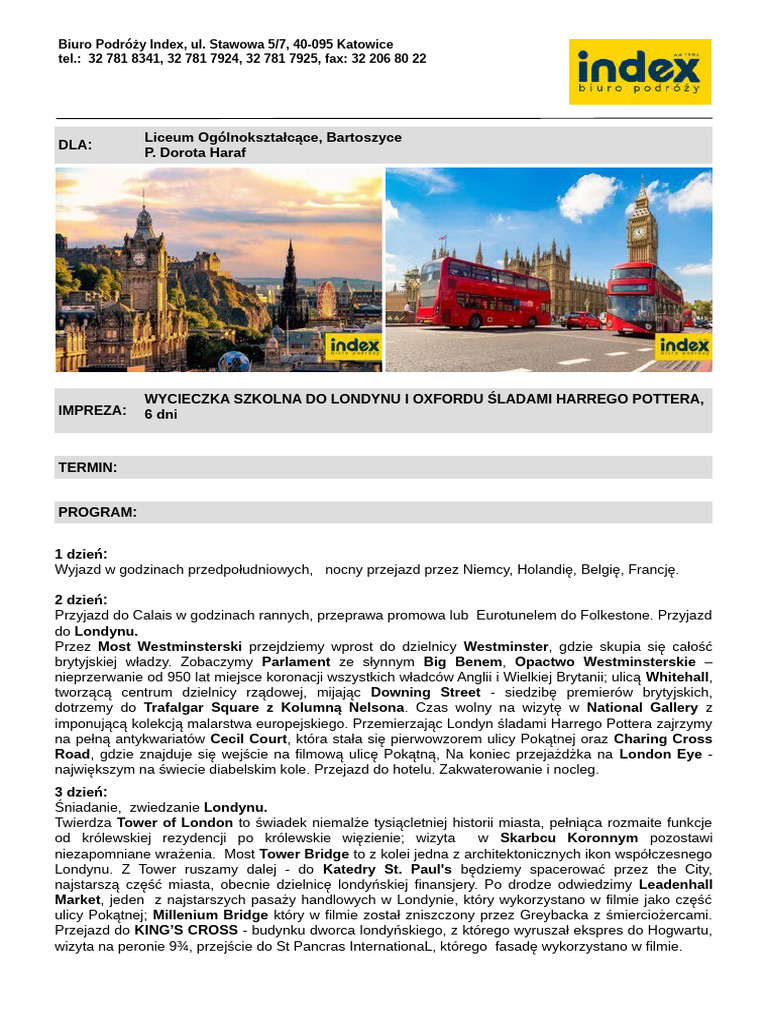 24 WIELKA BRYTANIA Londyn, Oxford, Harry 6 DNI Katalog Szkolny MD ...