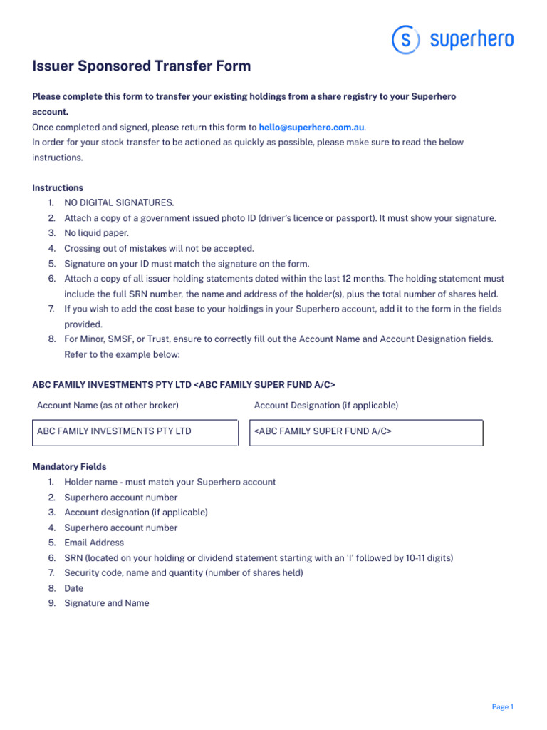 Superhero Issuer Sponsored Transfer Form | PDF | Securities (Finance ...