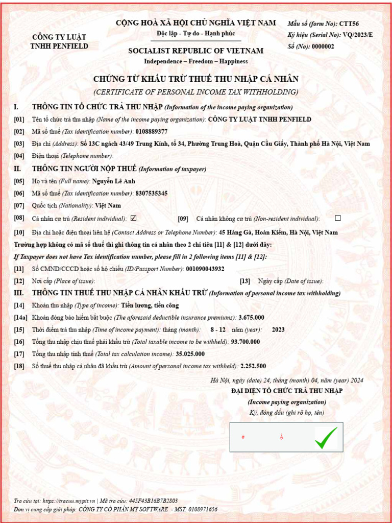 Chung Tu Thue TNCN 109701 | PDF