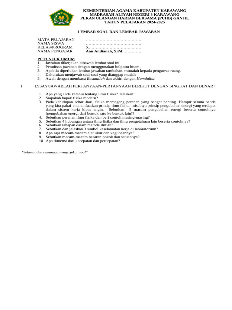 Soal Fisika kelas X Ganjil 2024-2025 | PDF
