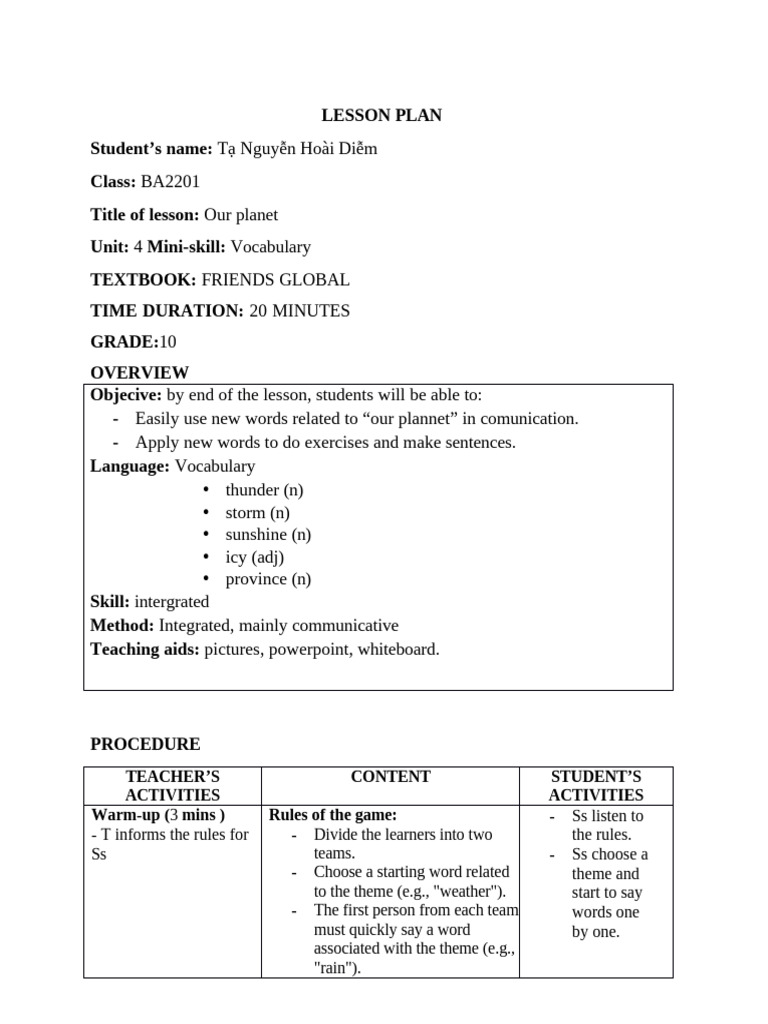 Vocabulary Lesson Plan: Our Planet | PDF | Vocabulary | Sky