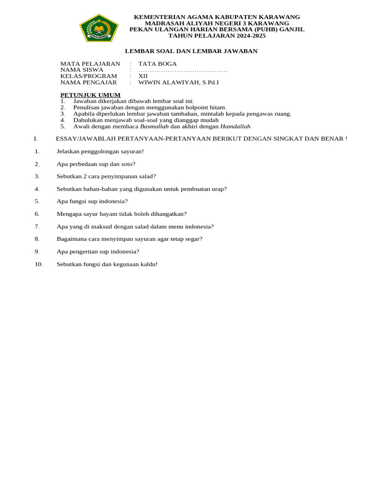 Soal PUHB Kls XII Ganjil 2024-2025 | PDF