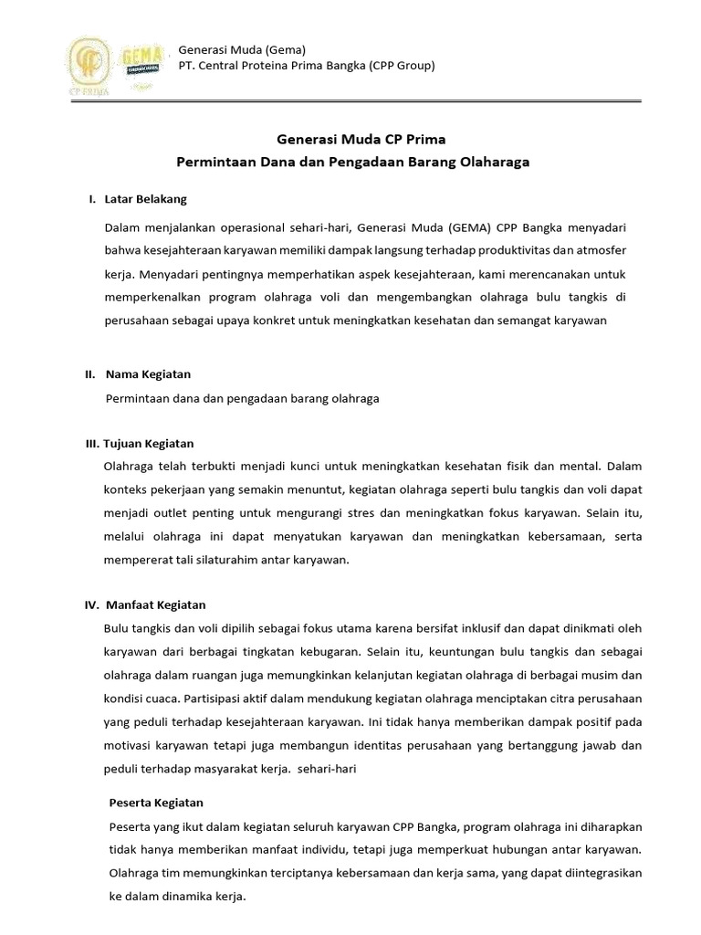 Proposal Pengadaan Peralatan Olahraga CPP BANGKA | PDF