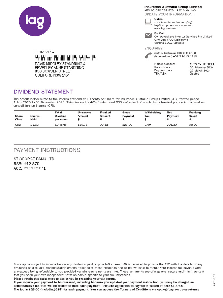 IAG Payment Advice 2024 03 27 | PDF | Dividend | Money