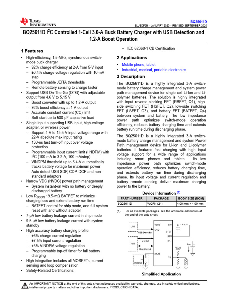 BQ25611D I C Controlled 1-Cell 3.0-A Buck Battery Charger With USB ...