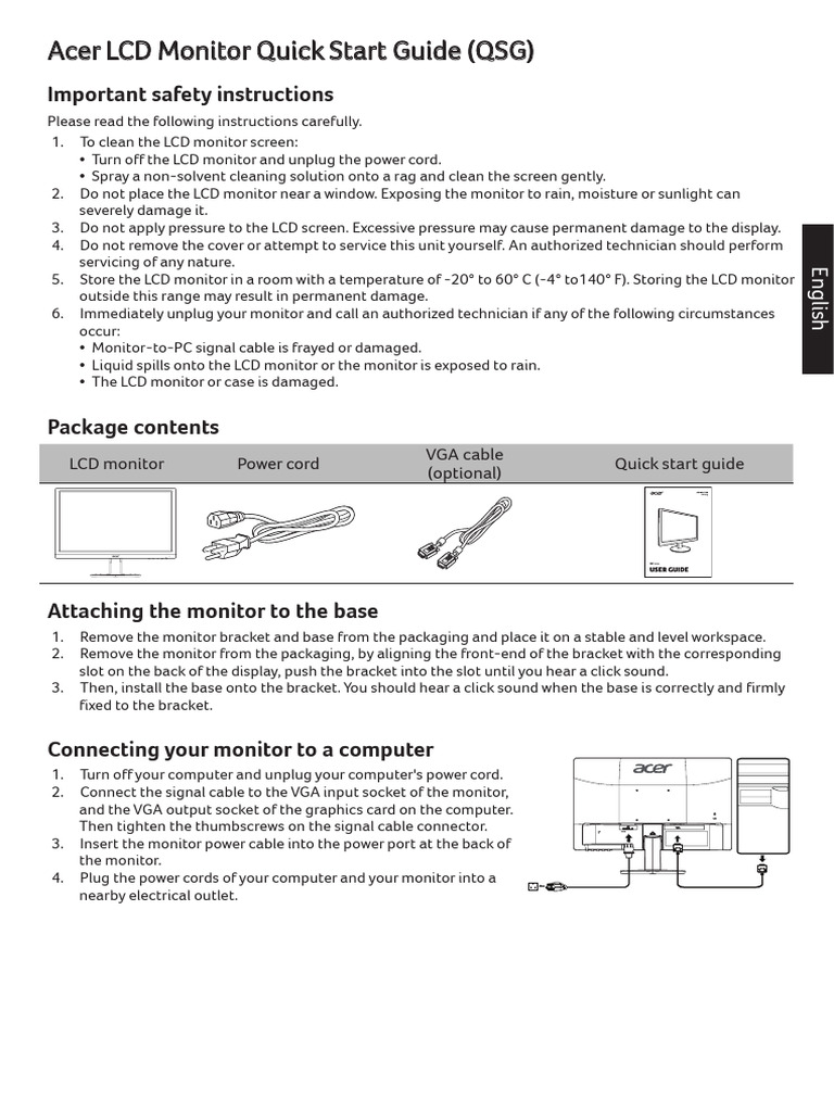 Acer LCD Monitor Setup Guide | PDF | Computer Monitor | Electrical Connector