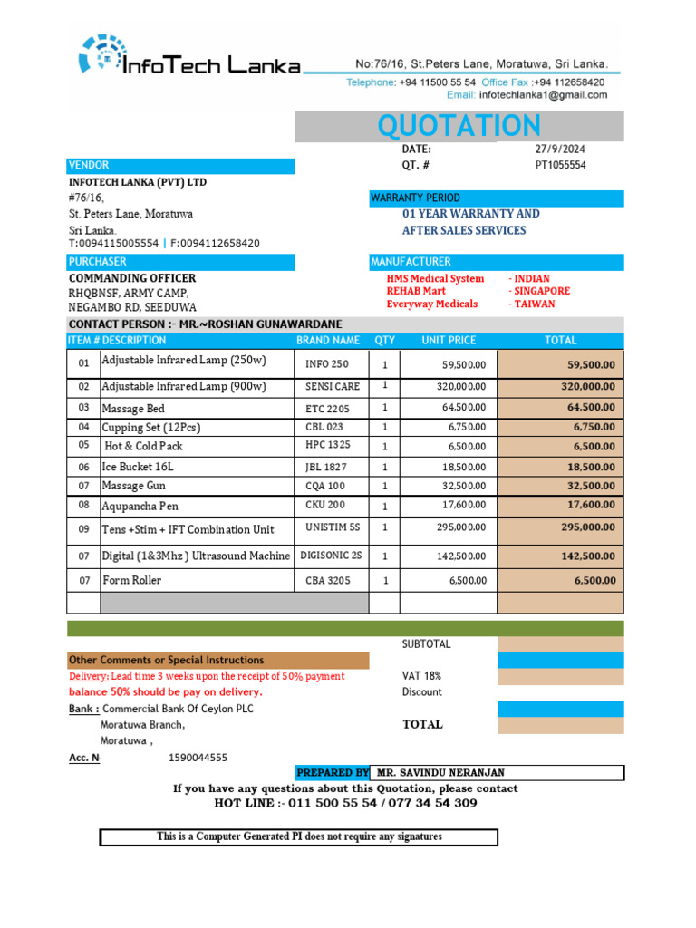Medical Equipment Quotation - Infotech Lanka | PDF