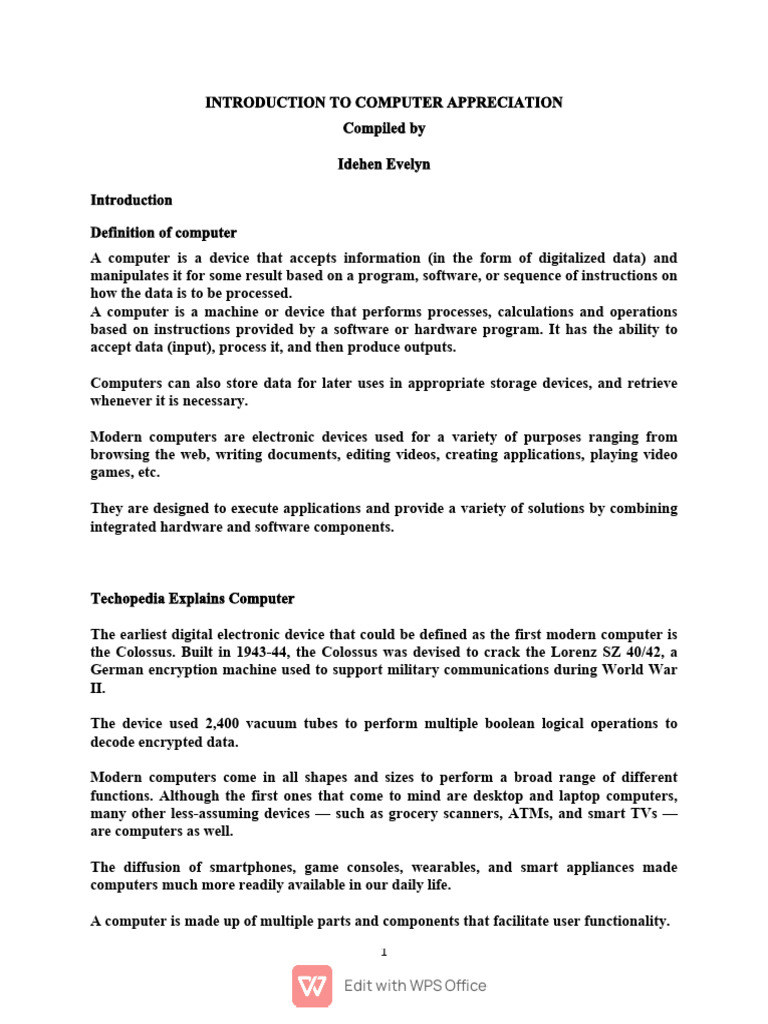 Introduction To Computer Appreciation | PDF | Personal Computers | Laptop